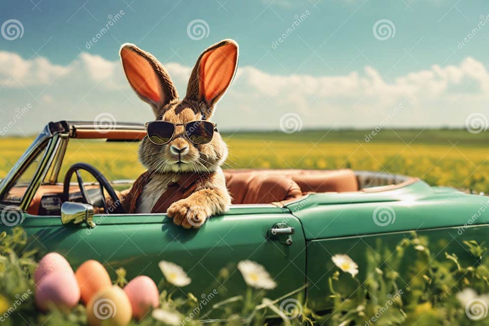 The Easter Bunny is Driving a Car Across a Green Field. Hare and Easter ...