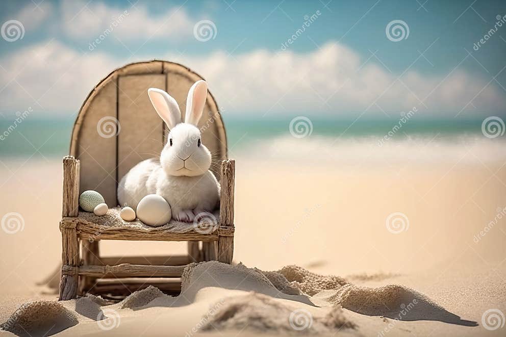Easter Bunny with Easter Eggs Resting on the Beach. Generative Ai Stock ...