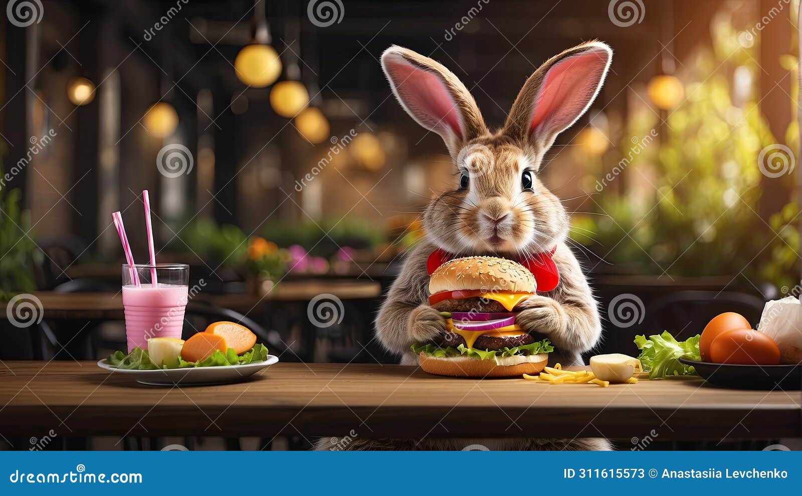 Easter Bunny Eating Cheeseburger, Cafe Background Stock Illustration ...
