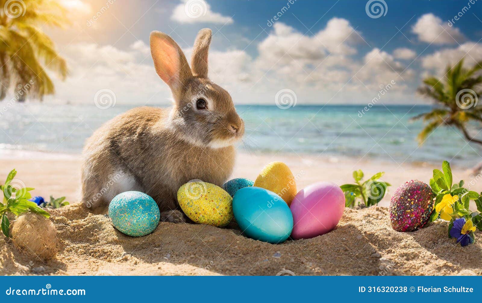 Easter Bunny with Easter Eggs on the Beach Stock Illustration ...