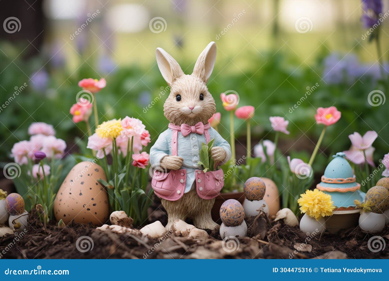 Easter Bunny and Easter Eggs in Garden. Easter Decoration Stock ...