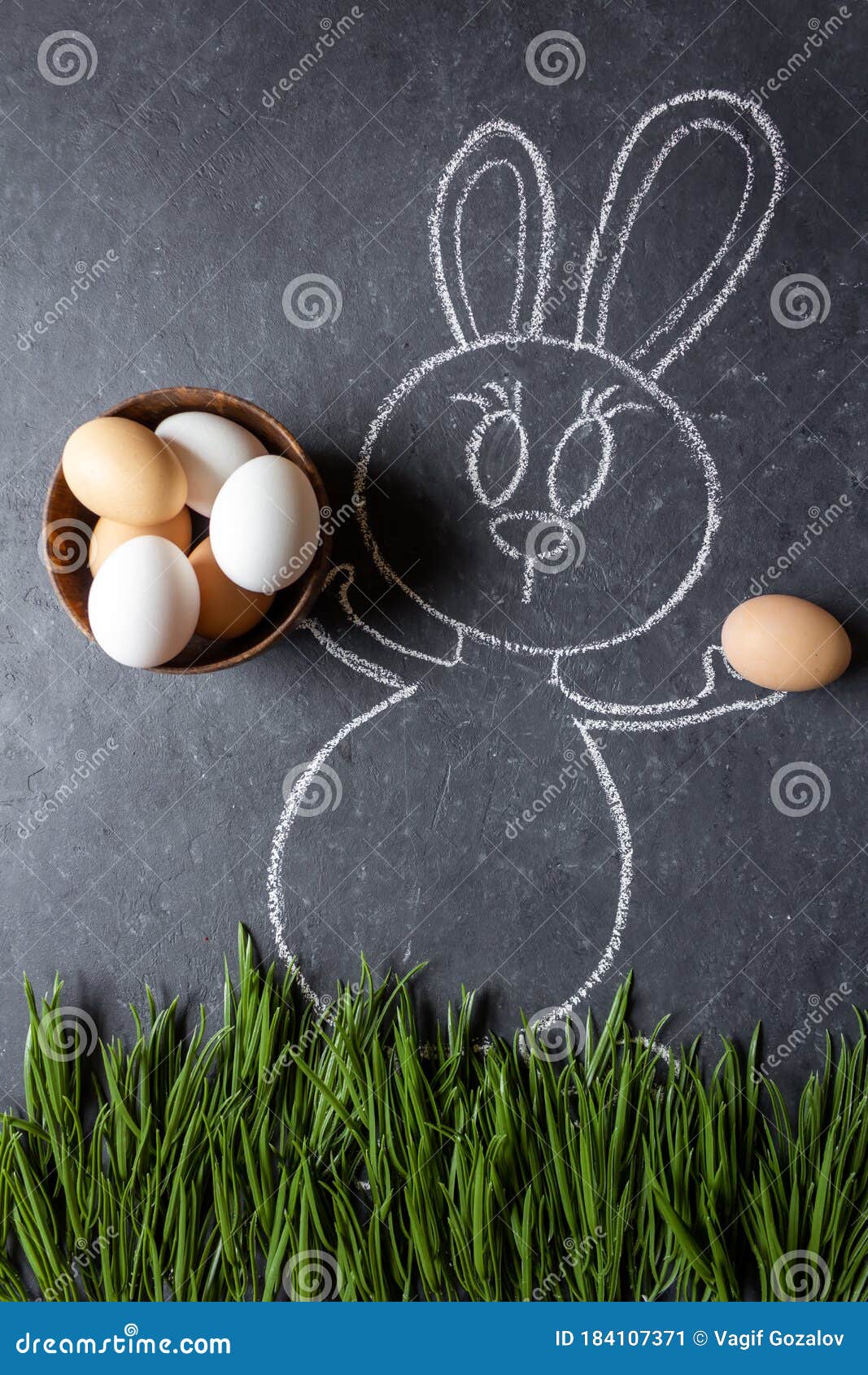 Easter Bunny with Eggs. Green Grass and Eggs. Chalk Drawn Bunny with ...