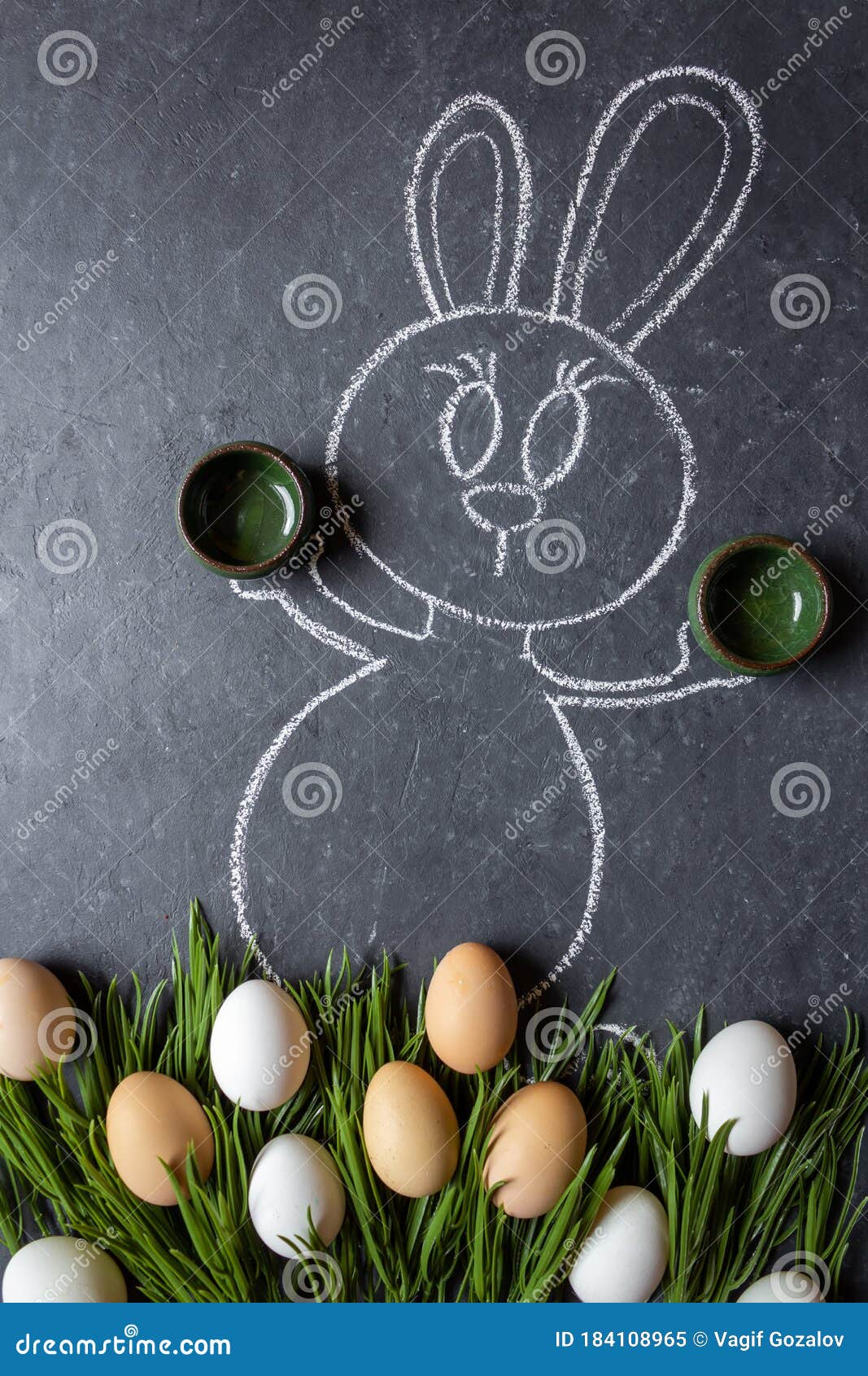Easter Bunny with Eggs. Green Grass and Eggs. Chalk Drawn Bunny with ...
