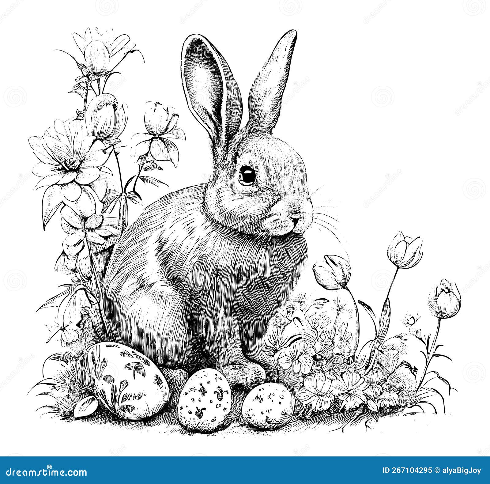 Easter Bunny with Eggs Sitting in Flowers Hand Drawn Engraving Sketch ...