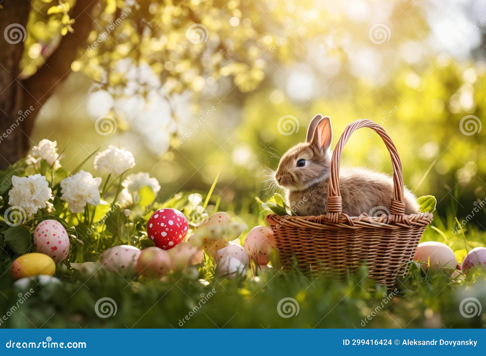 Easter Bunny and Easter Eggs in a Wicker Basket Outdoors Surrounded by ...