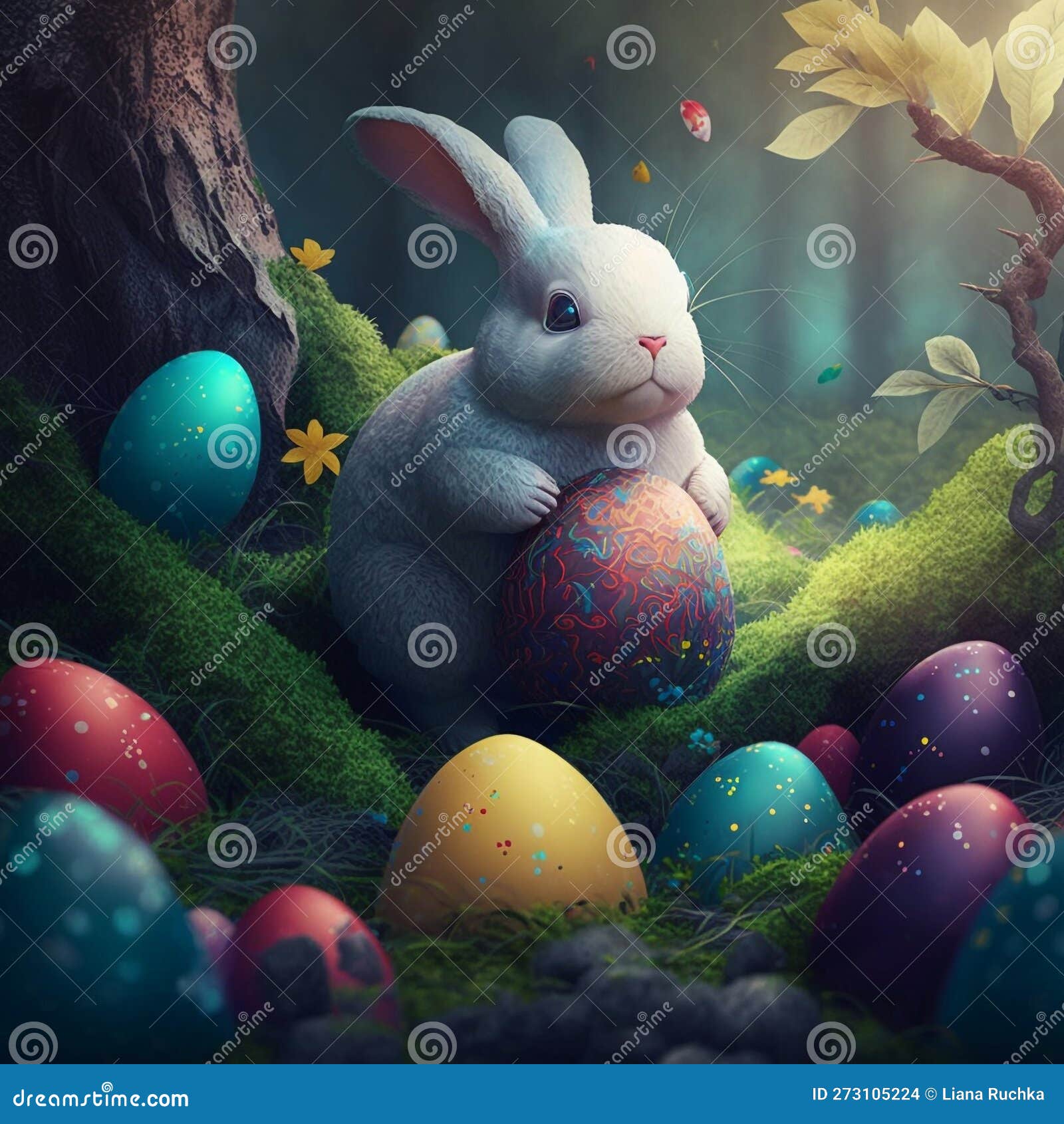 Easter Bunny Fabulous in a Dense Forest, Colored Easter Eggs on the ...