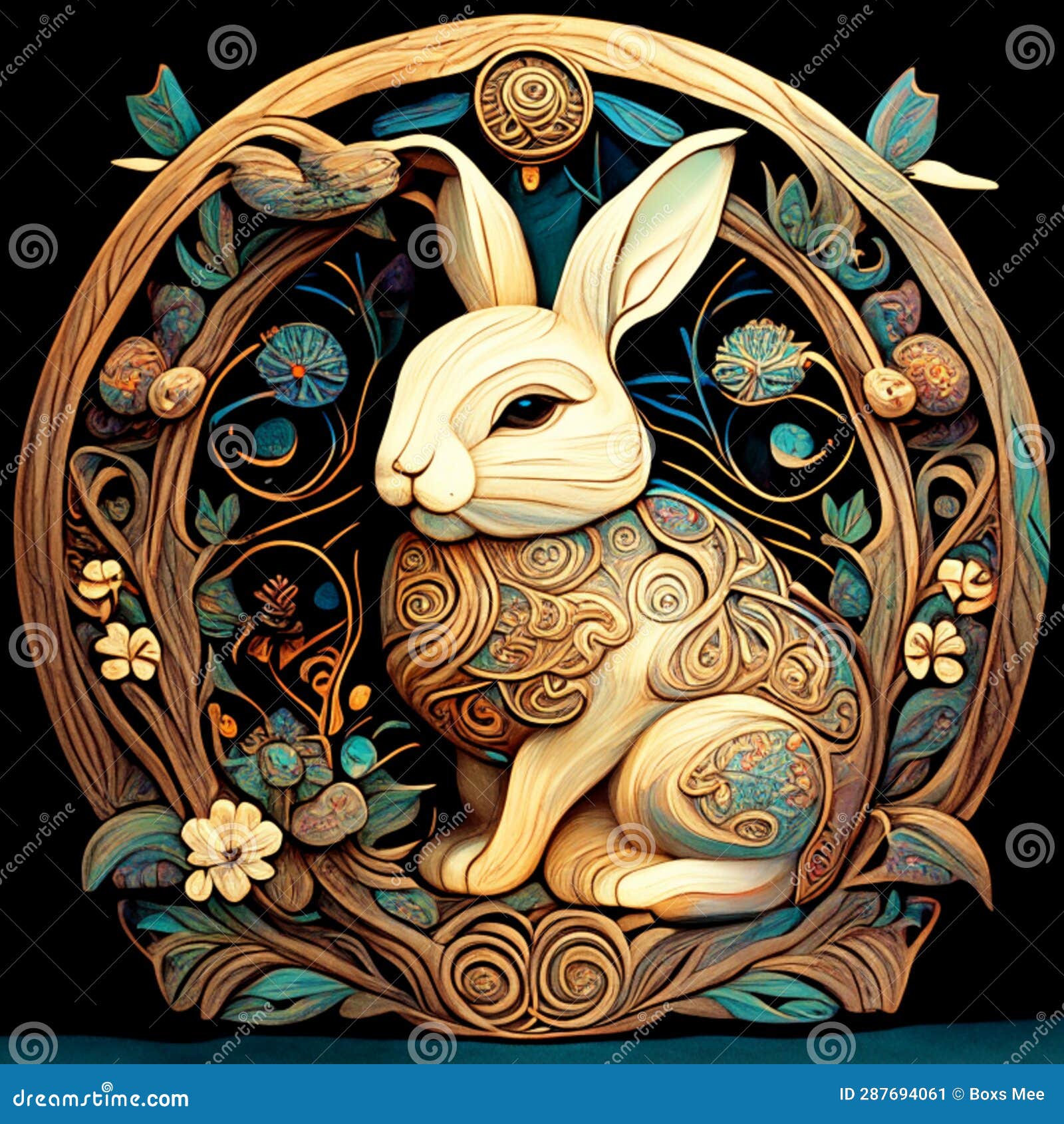 Easter Bunny with a Floral Pattern on a Black Background. High Quality ...