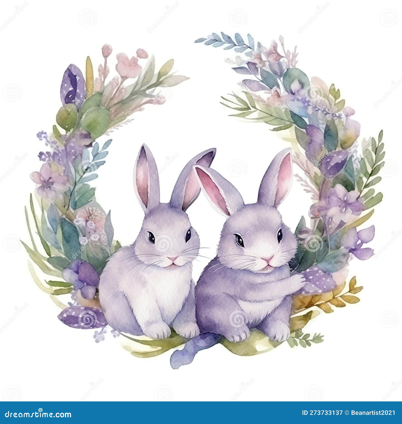 Easter Bunny with Floral Wreath Stock Illustration - Illustration of ...