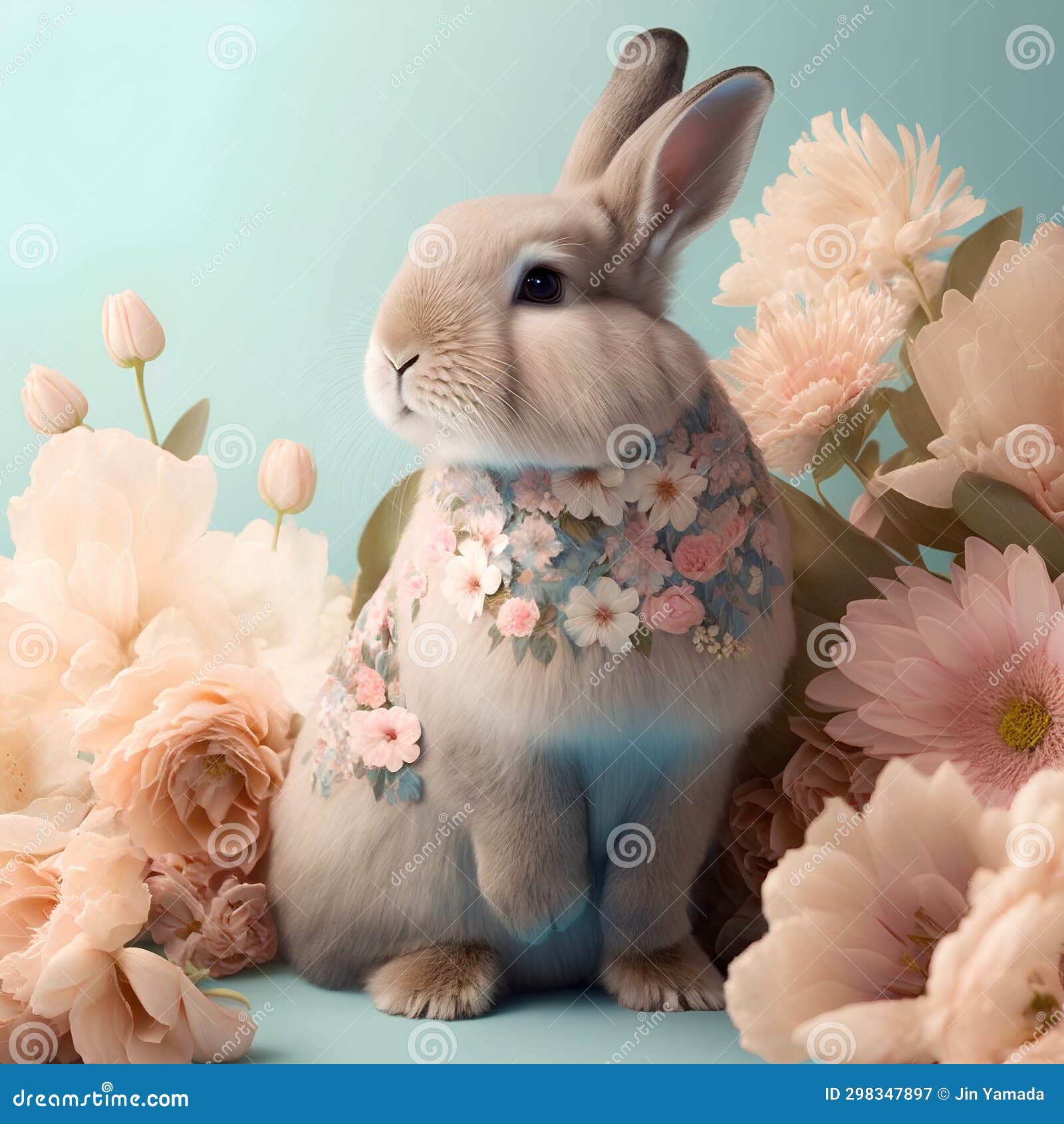 Easter Bunny with Flowers on a Blue Background. Studio Shot Stock ...
