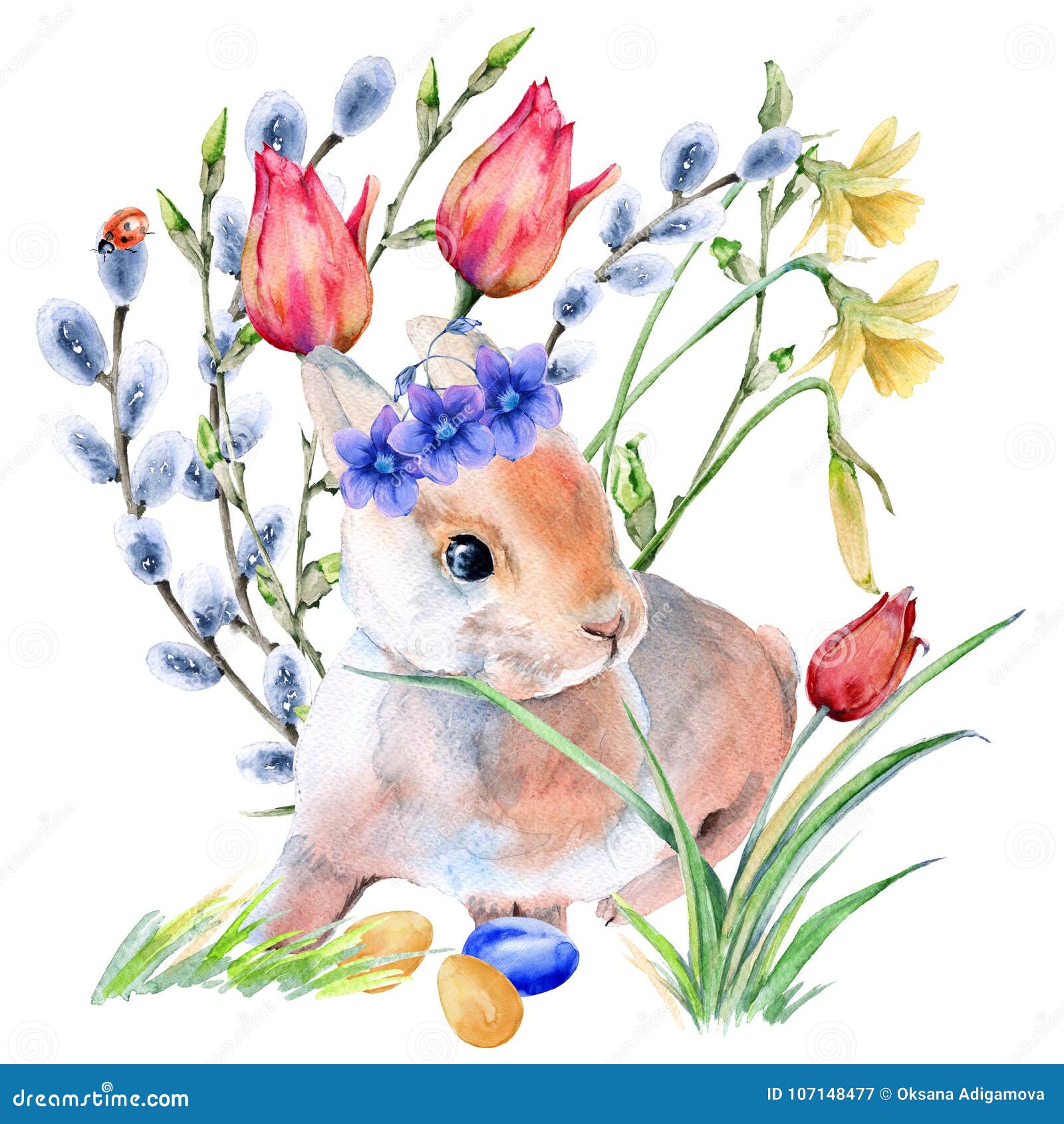 Easter Bunny in Flowers with Easter Eggs. Isolated on White Background ...