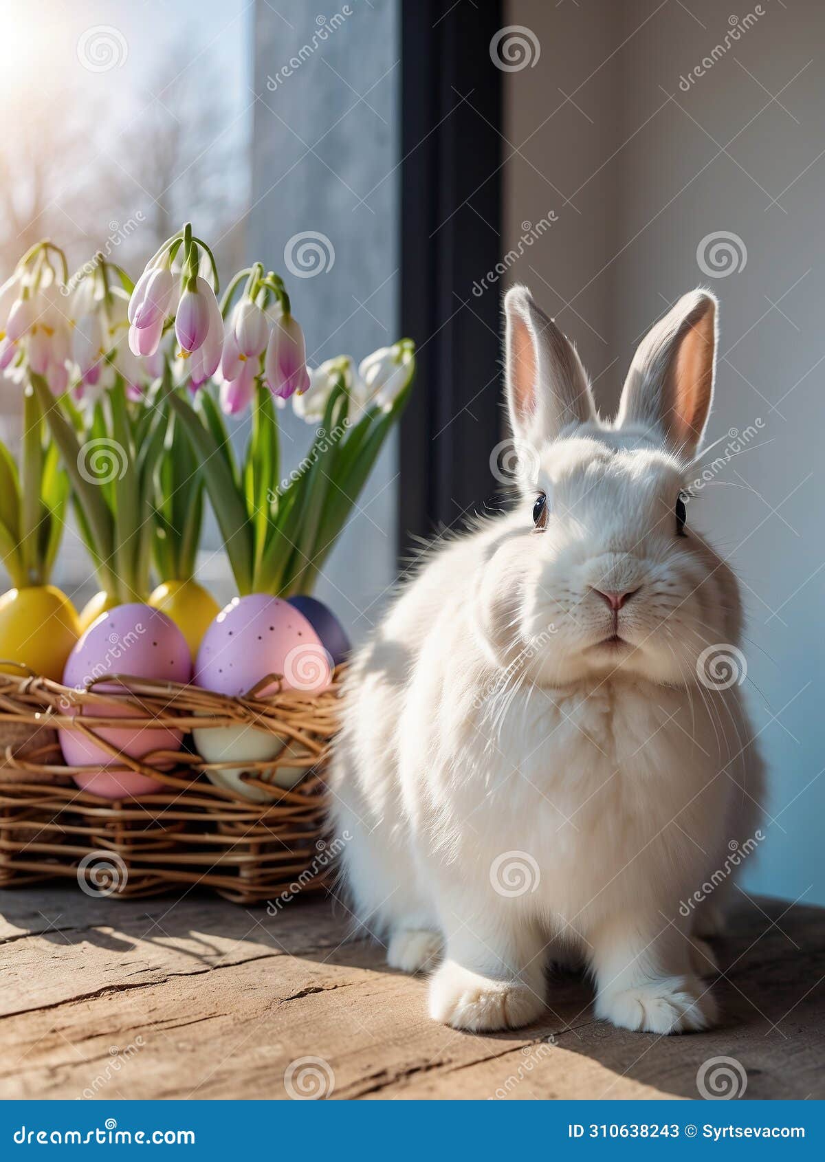 Easter Bunny with Flowers and Easter Eggs in the Rays of the Spring Sun ...