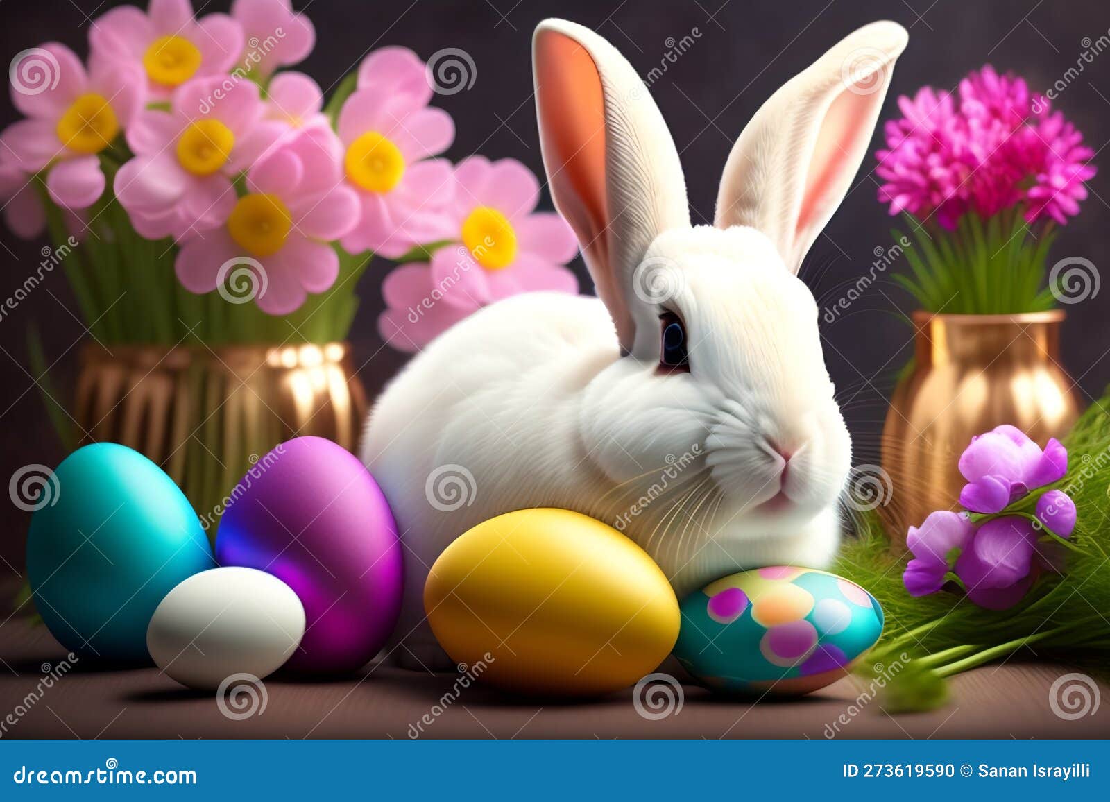 Easter Bunny with Flowers and Easter Eggs on Wooden Background Stock ...