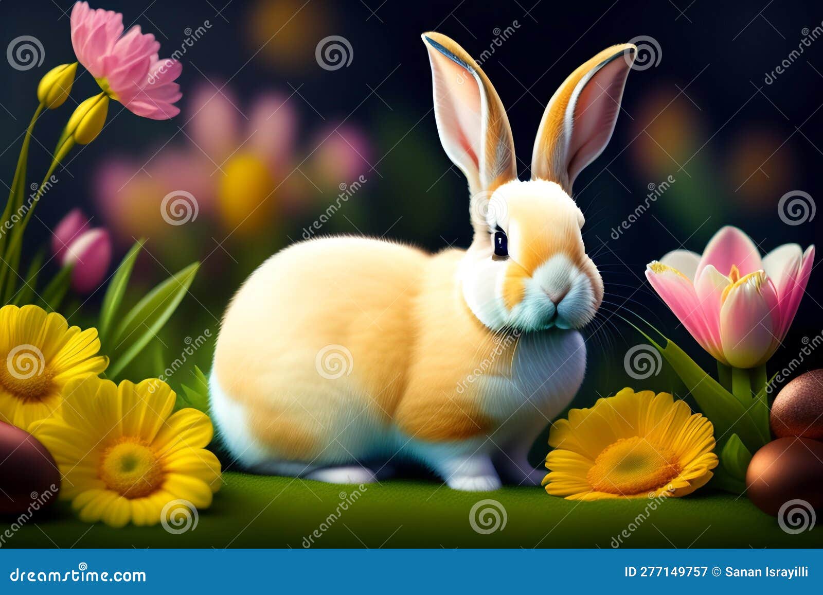Easter Bunny with Flowers and Easter Eggs on Wooden Background ...