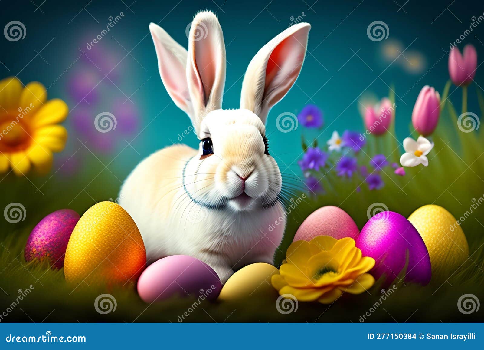 Easter Bunny with Flowers and Easter Eggs on Wooden Background ...