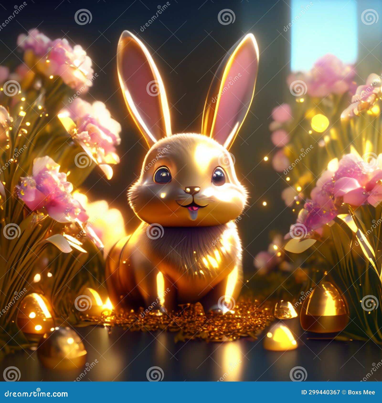 Easter Bunny with Flowers and Golden Eggs. 3D Rendering Stock ...