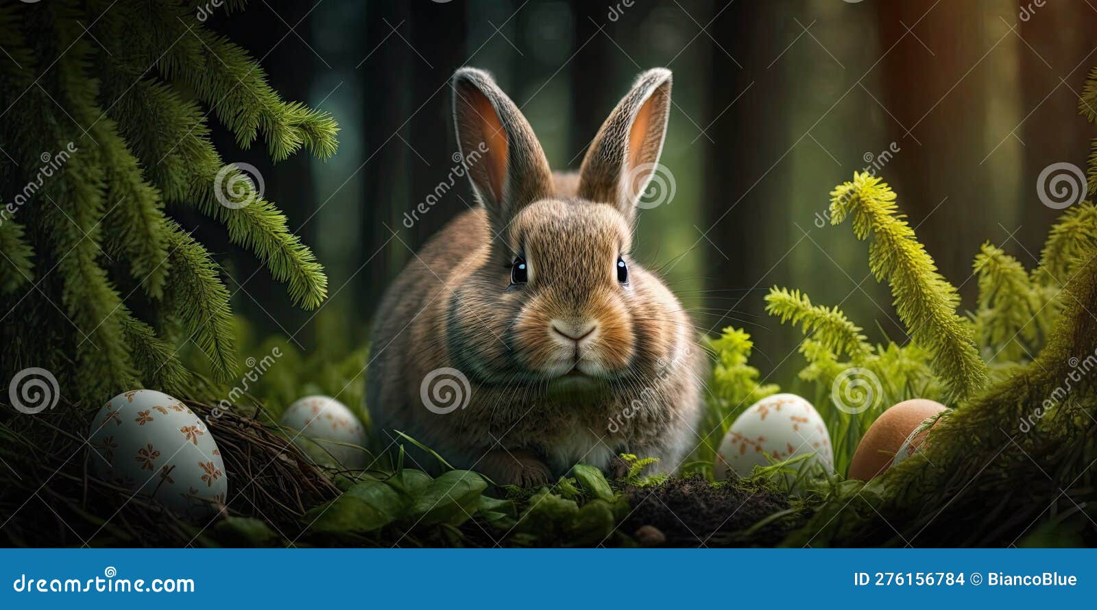 Easter Bunny in the Forest among Easter Eggs. Stock Photo - Image of ...