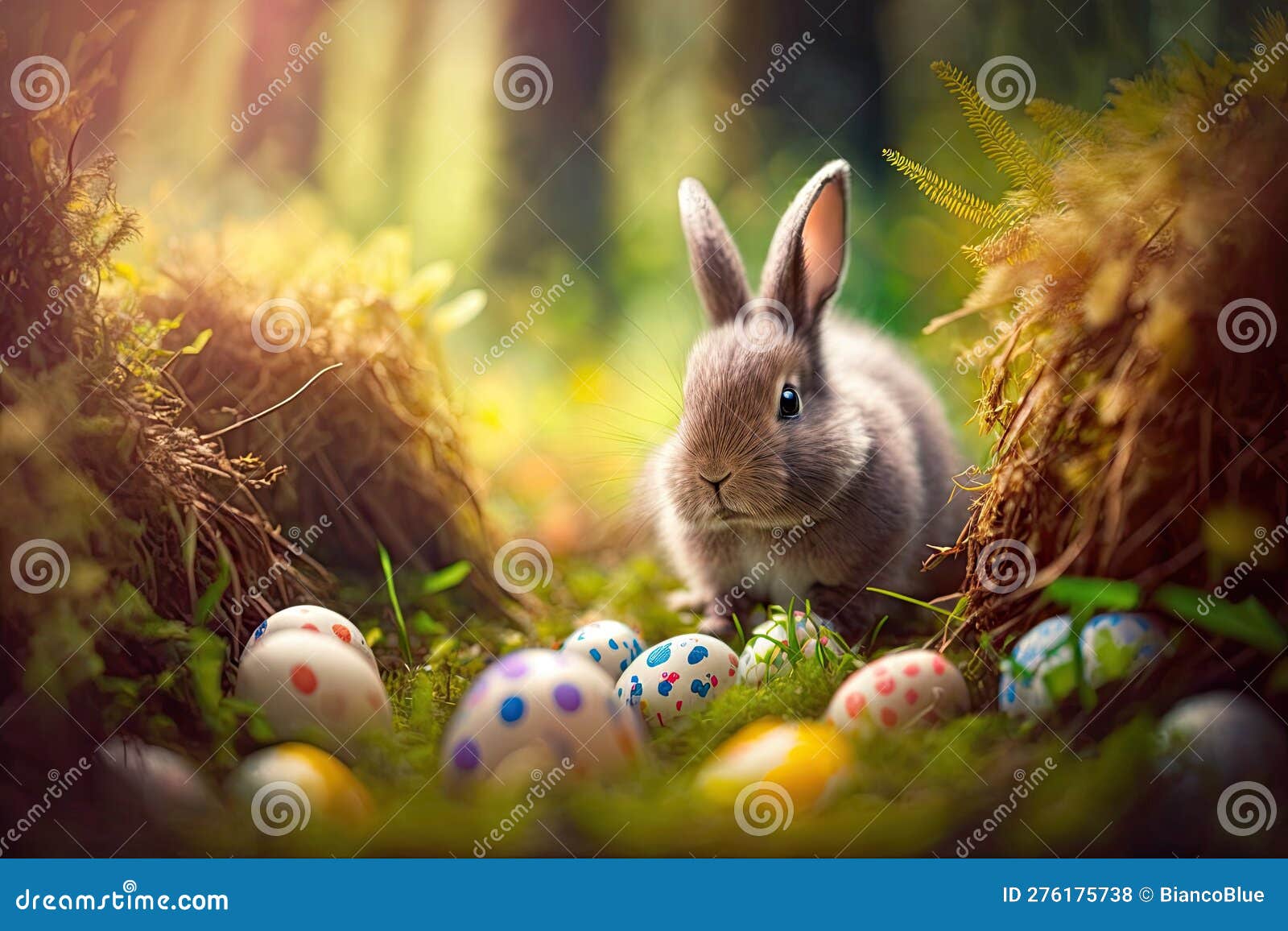 Easter Bunny in the Forest among Easter Eggs. Stock Photo - Image of ...