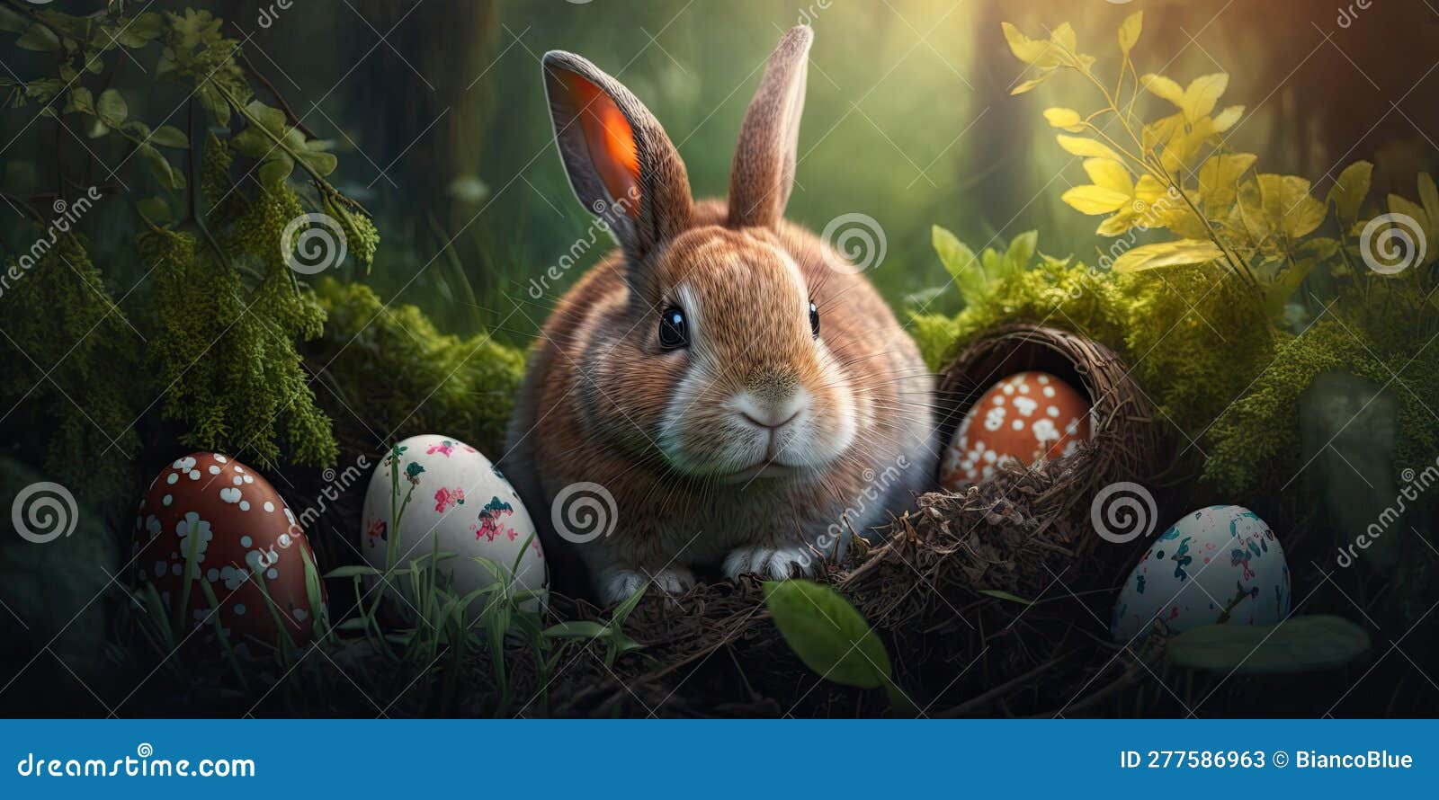 Easter Bunny in the Forest among Easter Eggs. Stock Image - Image of ...