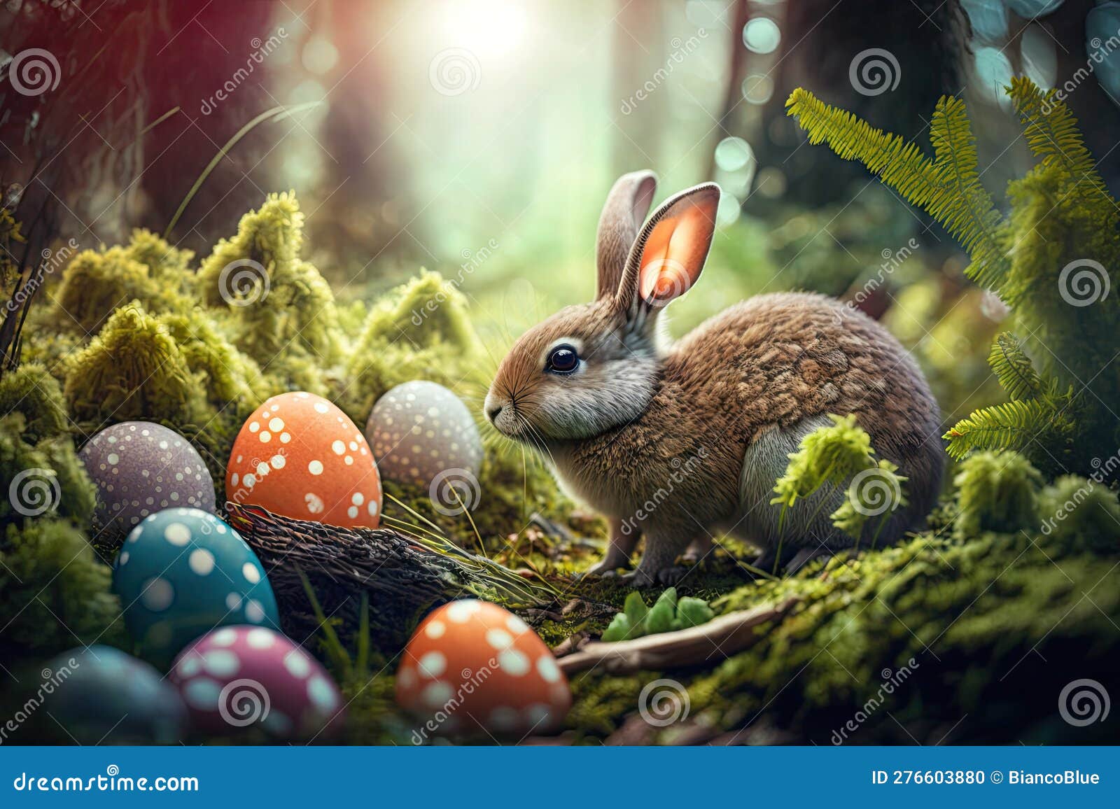 Easter Bunny in the Forest among Easter Eggs. Stock Illustration ...