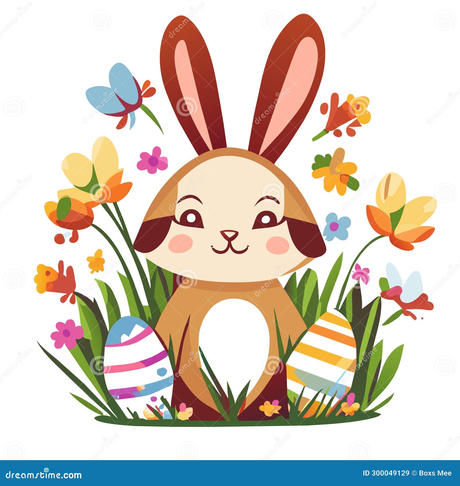 Easter Bunny in the Grass with Flowers and Eggs. Cute Cartoon Vector ...
