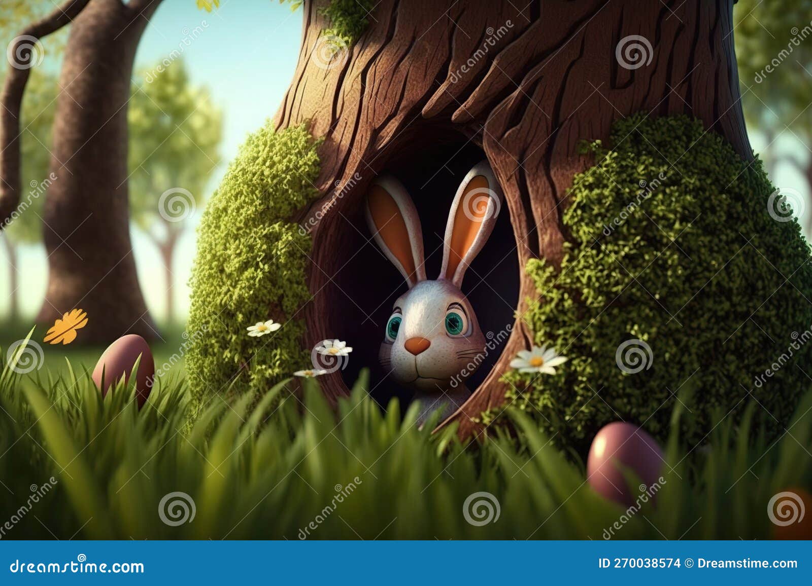 Easter Bunny in a Hole of Tree Around Easter Eggs Stock Illustration ...