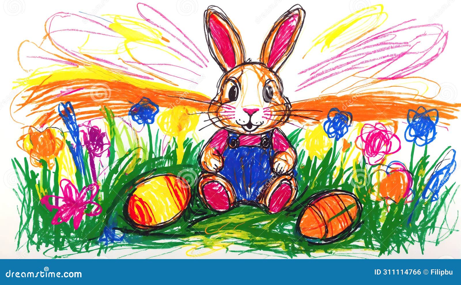 Easter Bunny Kids Crayon Drawing Childish Scribble Doodle Stock ...