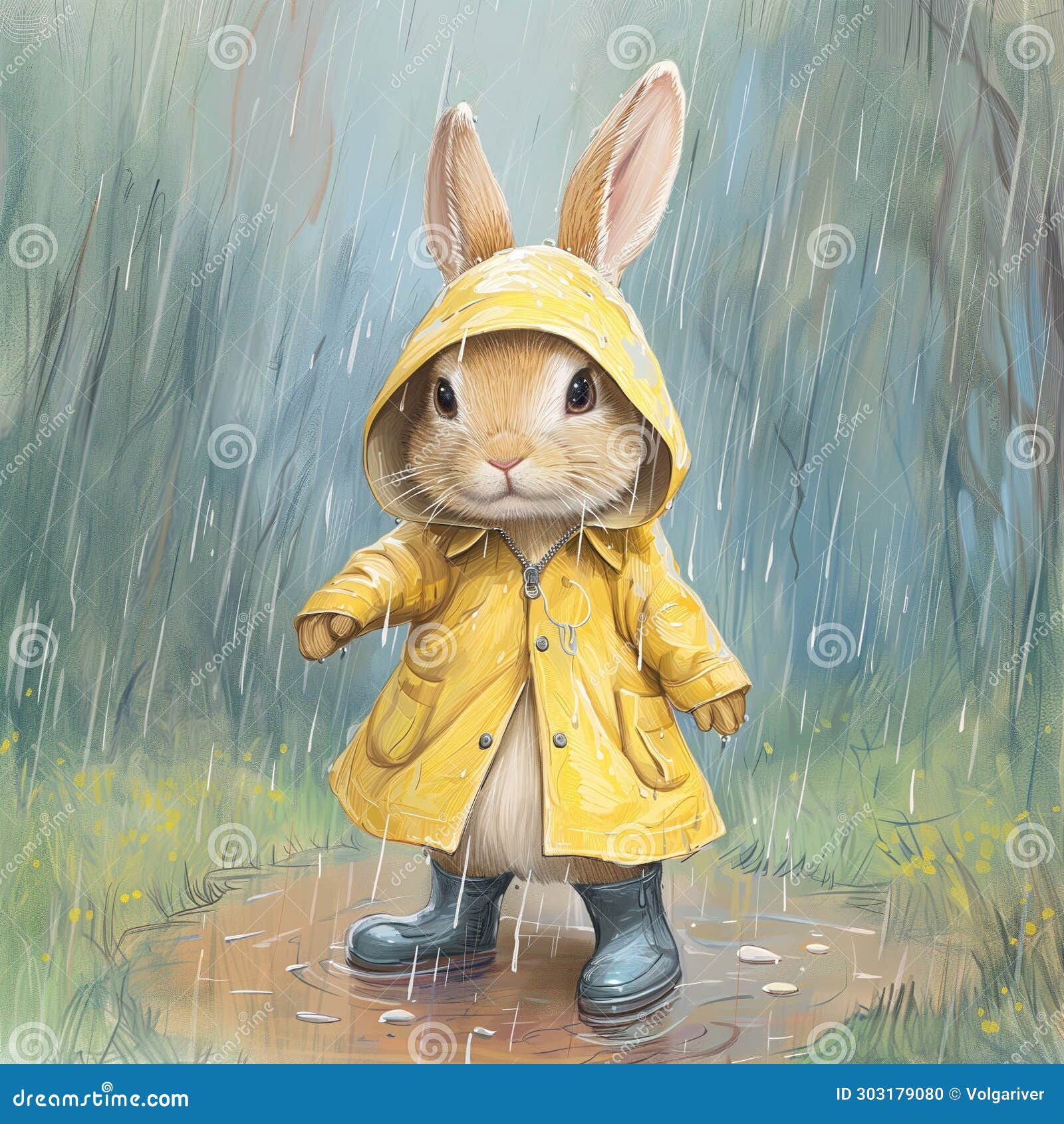 Easter Bunny Outdoor Under Rain in Coat and Boots Stock Illustration ...