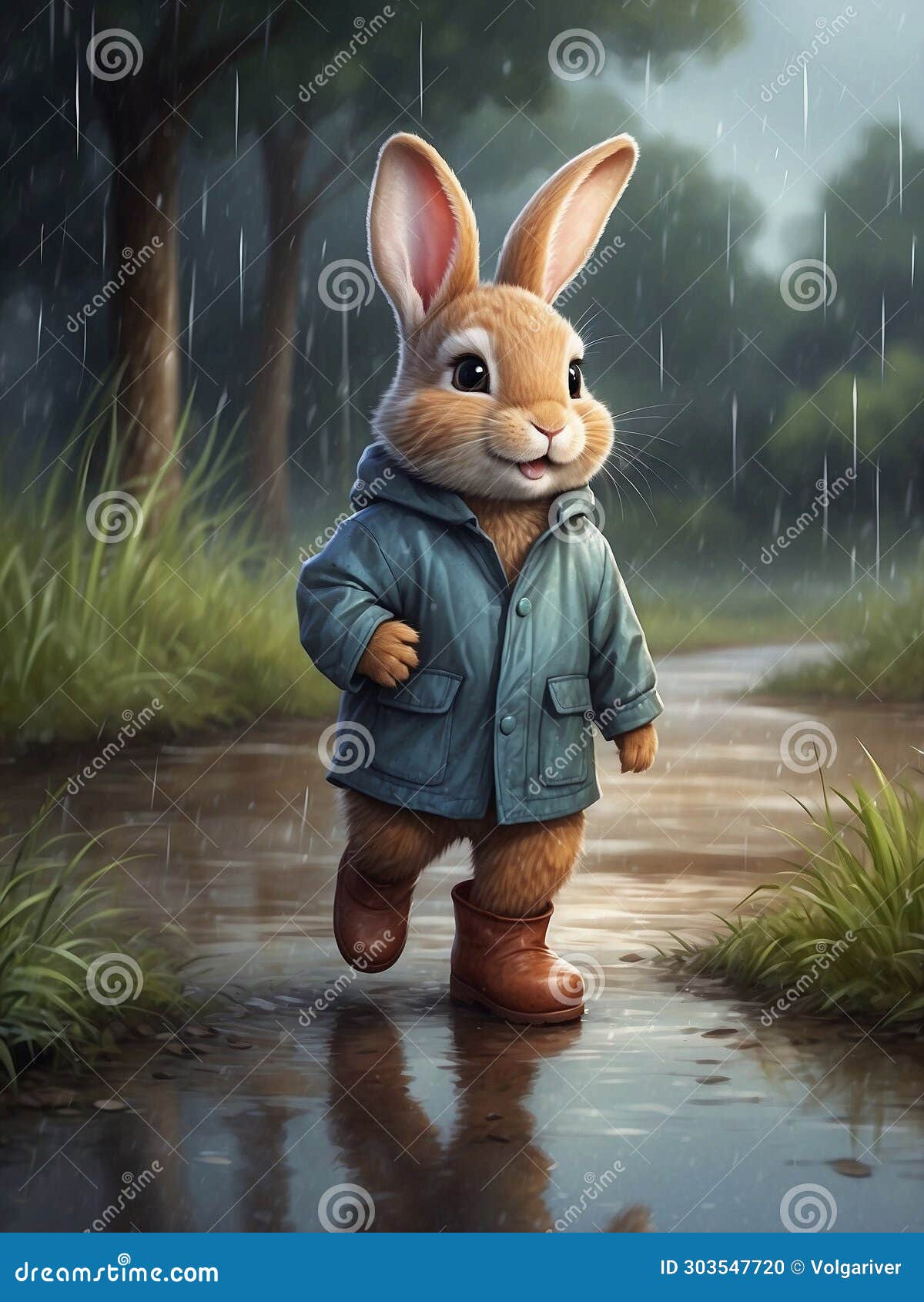 Easter Bunny Outdoor Under Rain in Coat and Boots Stock Illustration ...
