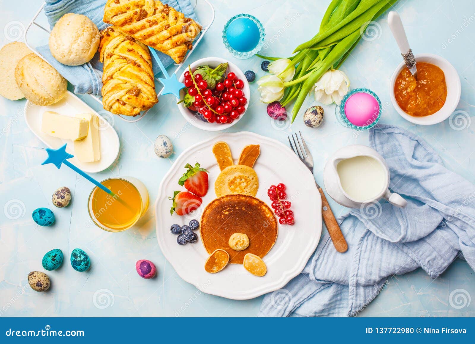 Easter Bunny of Pancakes with Berries. Easter Breakfast Table. Blue ...