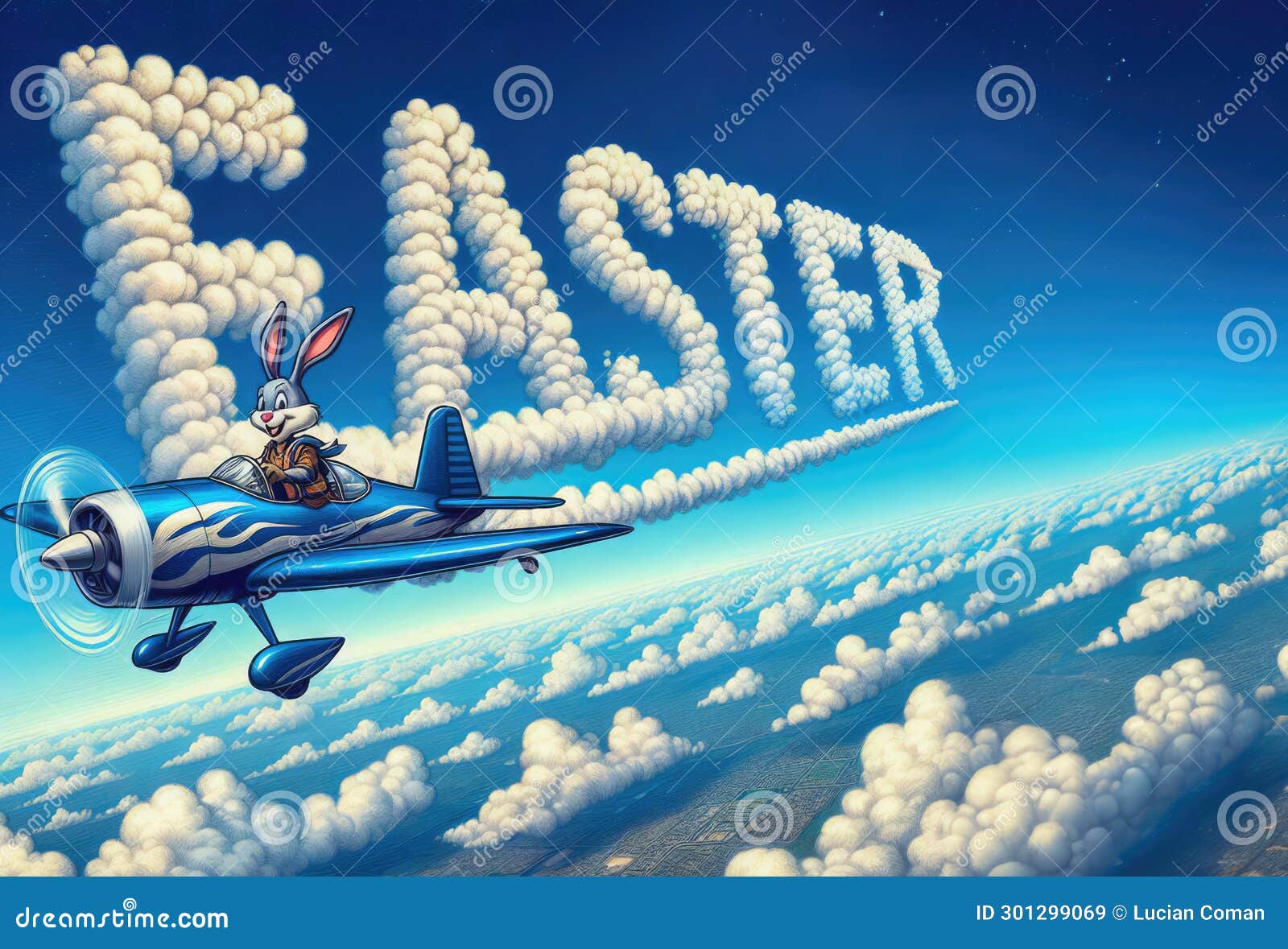 Easter, Bunny in a Plane Flying, Smoke and Clouds Writing the Word ...