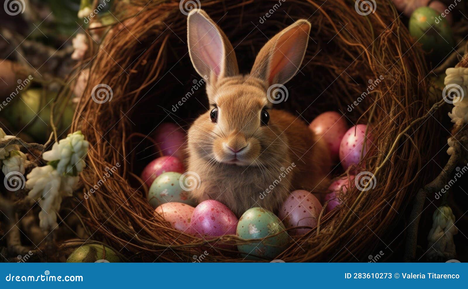 Easter Bunny Presents a Basket Overflowing with Colorful Eggs, AI Stock ...