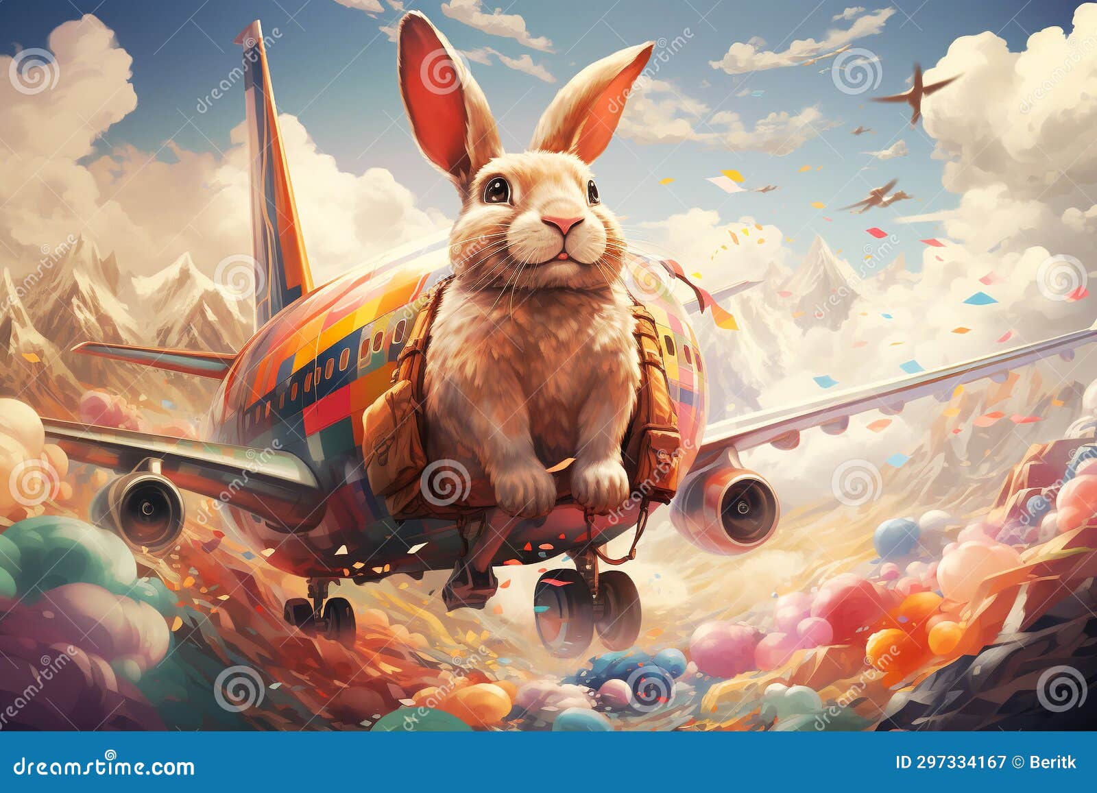 Easter Bunny or Rabbit with Airplane and Colorful Easter Eggs Flying To ...