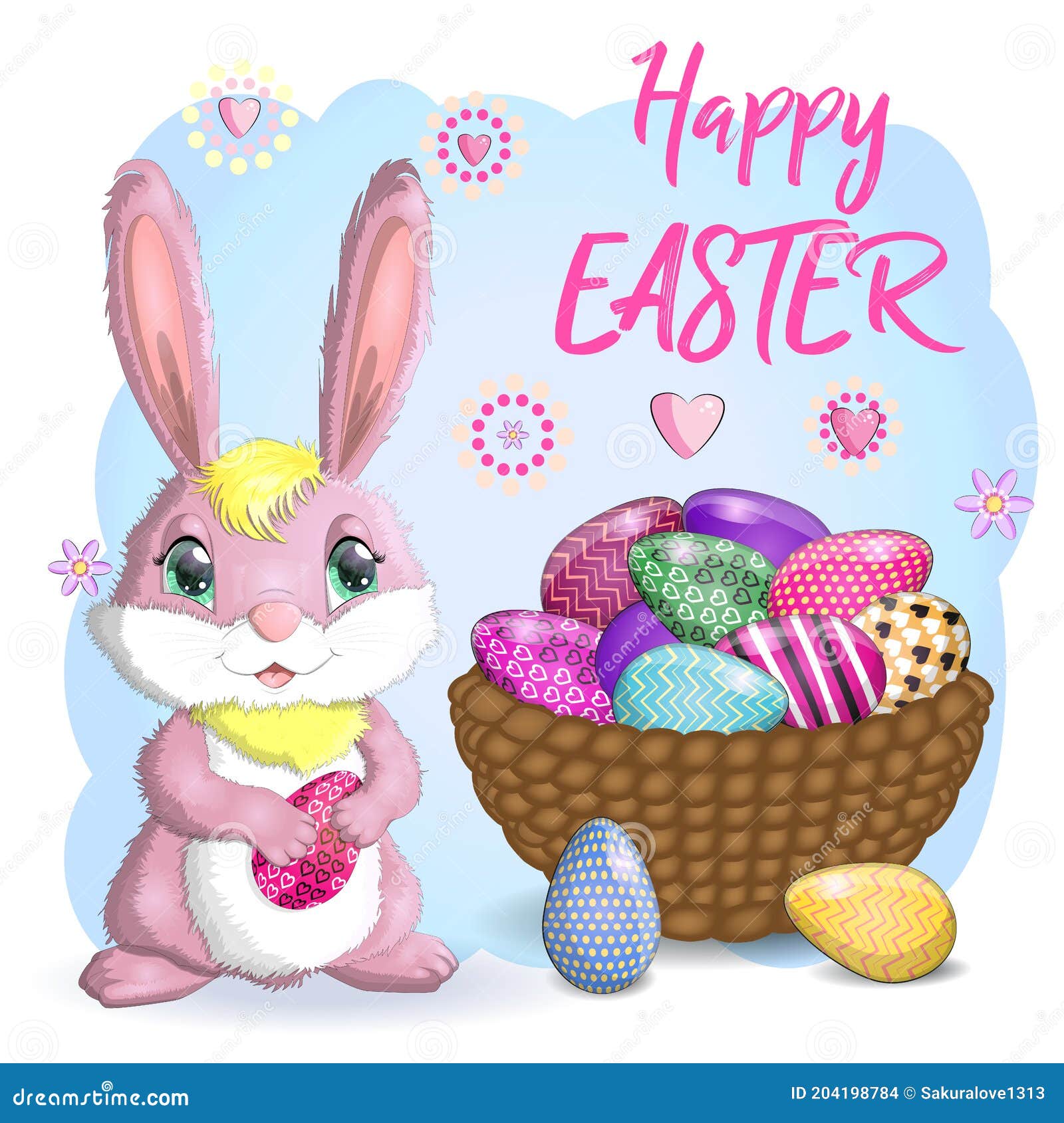 Easter Bunny Rabbit Cartoon Character with Basket Full of Painted ...