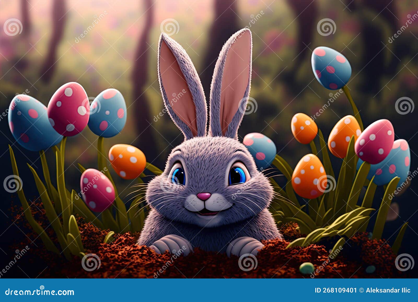 Easter Bunny Rabbit and Colorful Eggs in the Forest. Cartoon Style ...