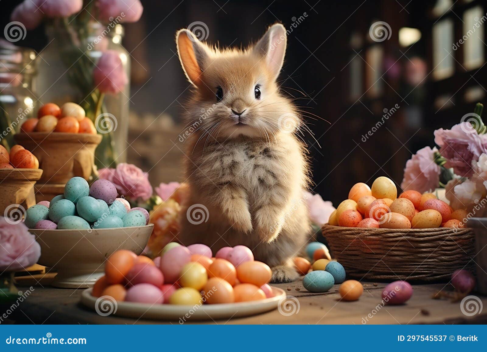 Easter Bunny or Rabbit with Colorful Painted Eggs, Holiday in Spring ...