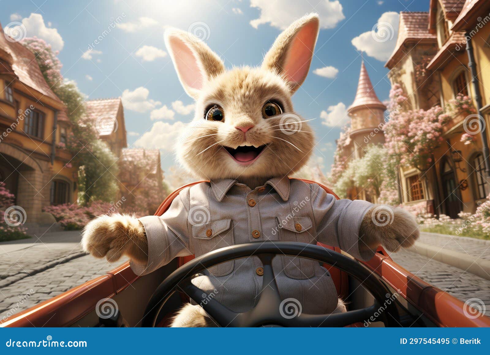 Easter Bunny or Rabbit with Driving a Car through Town, Holiday in ...