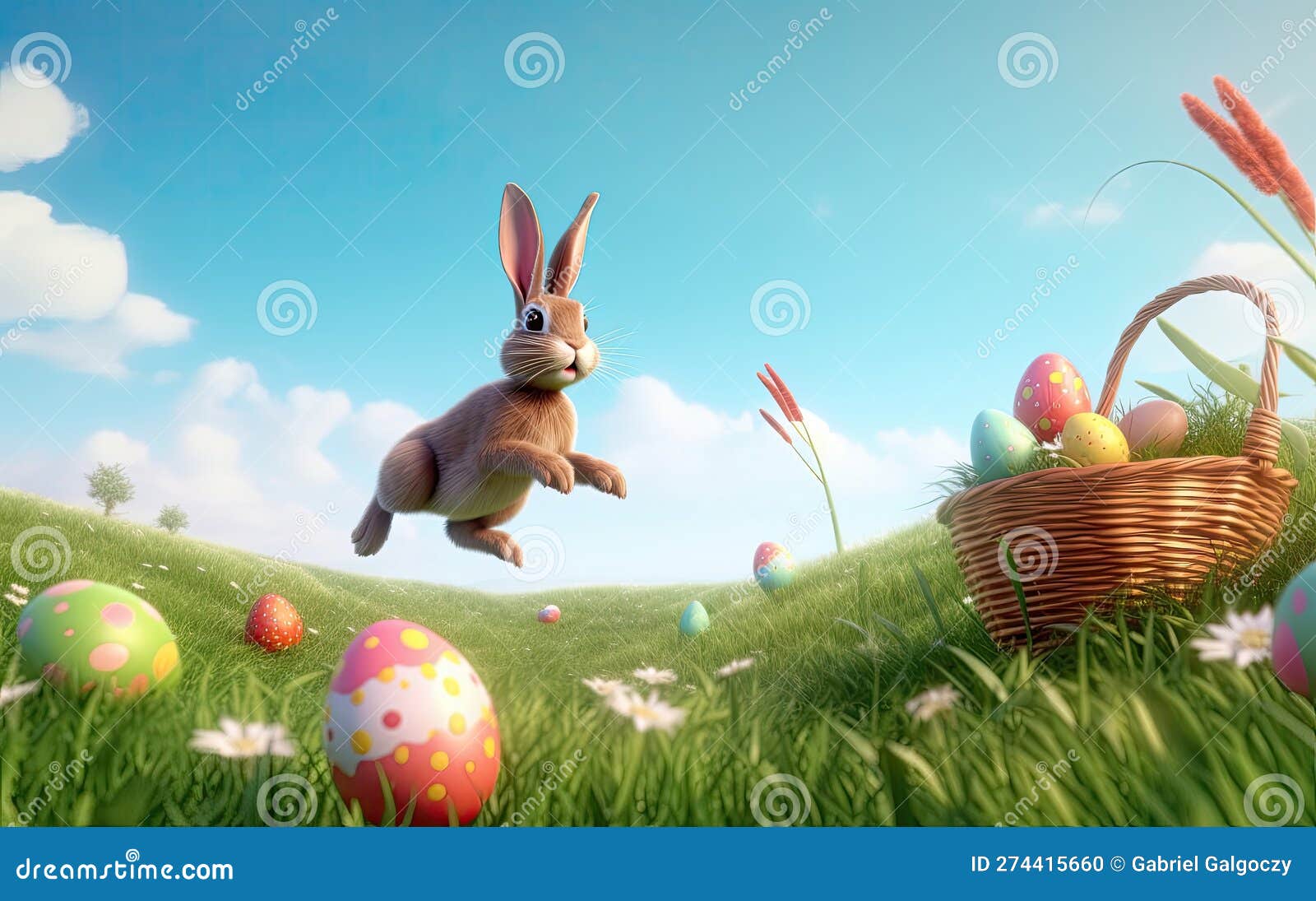 Easter Bunny Rabbit Running in a Green Field with Eggs on a Sunny Day ...