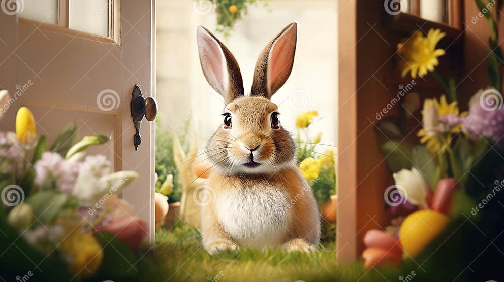 Easter Bunny Rabbit Standing in Front of Open Wooden Doors Stock Image ...