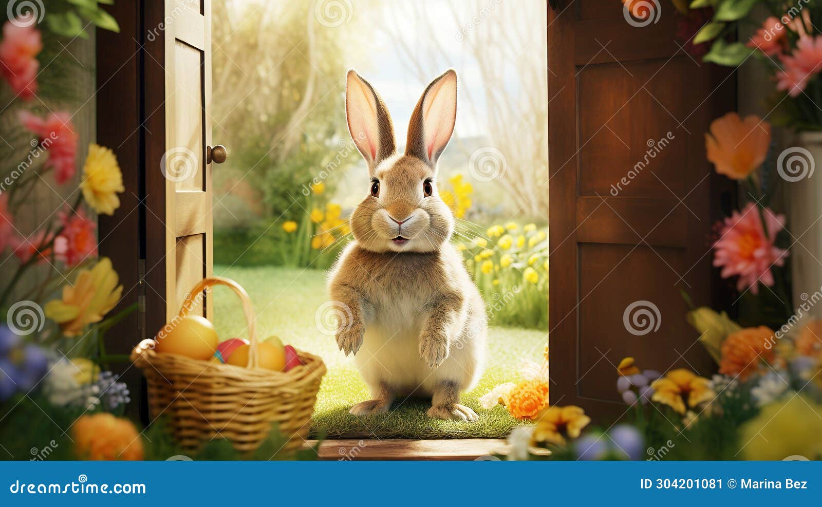 Easter Bunny Rabbit Standing in Front of Open Wooden Doors Stock Image ...
