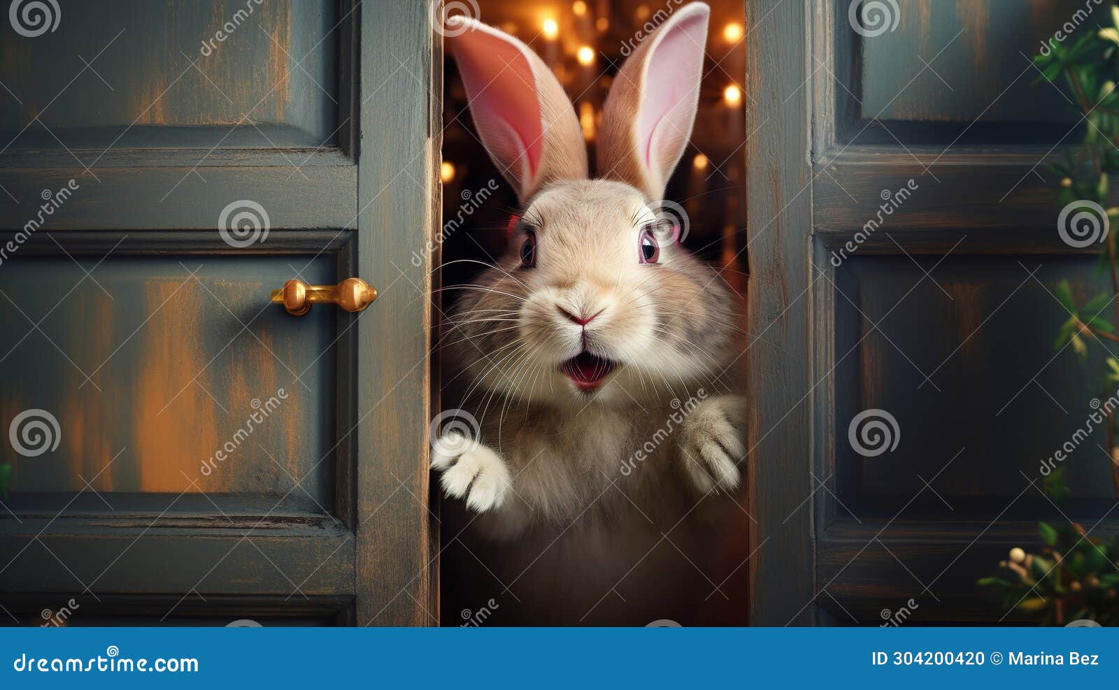 Easter Bunny Rabbit Standing in Front of Open Wooden Doors Stock ...