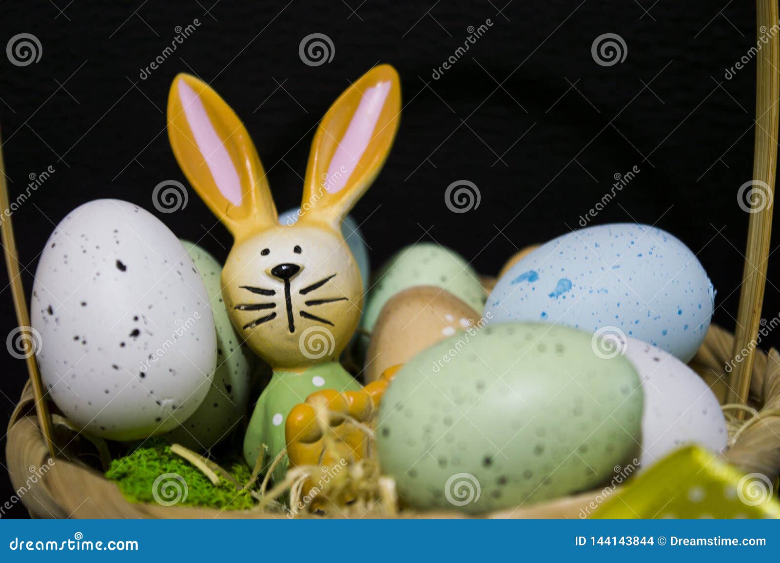 Easter Bunny Relaxing with Easter Eggs and Moss Grass Stock Photo ...
