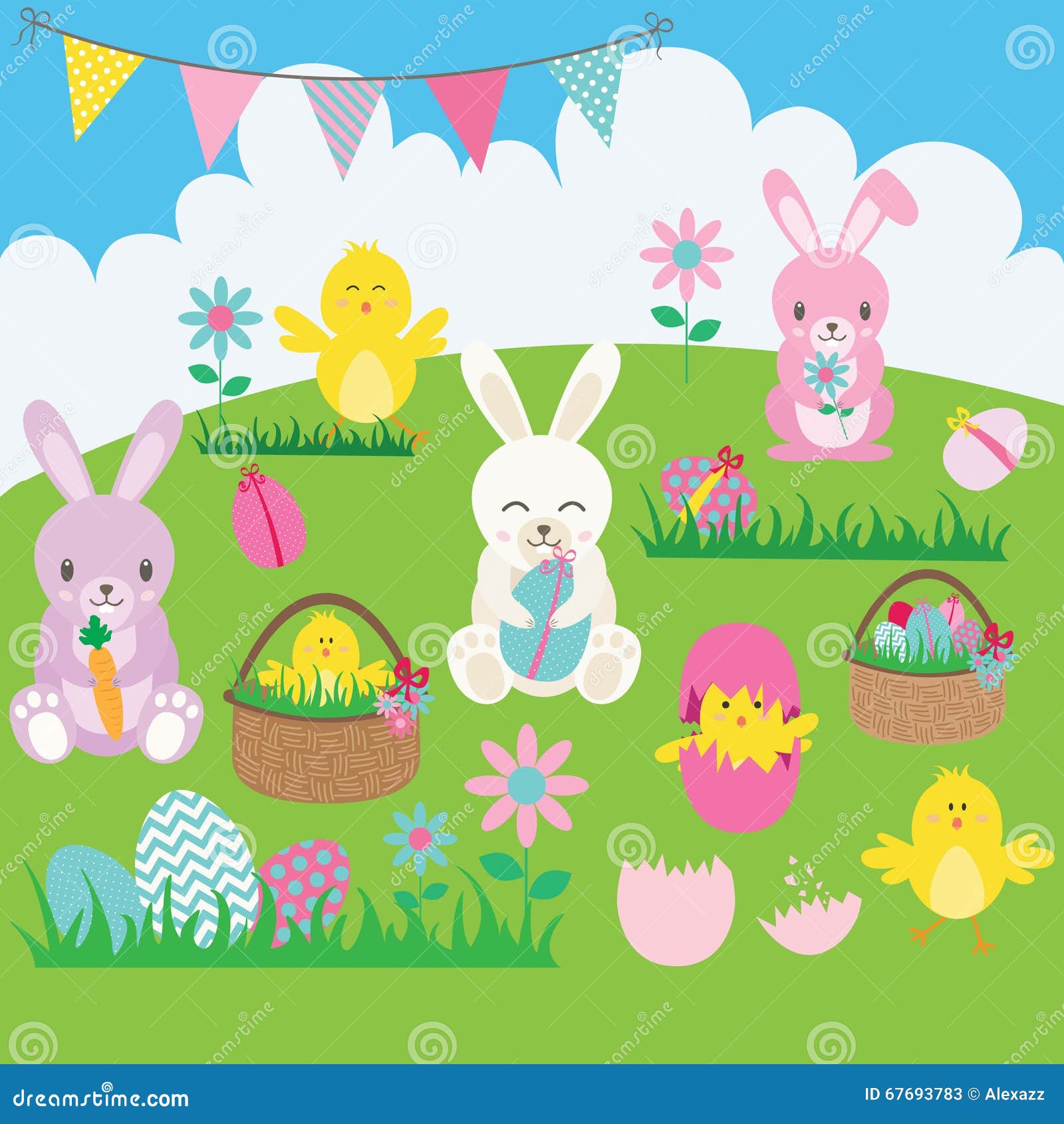 Easter Bunny Set. Basket, Flower, Rabbit, Bunting, Easter Egg, Easter ...