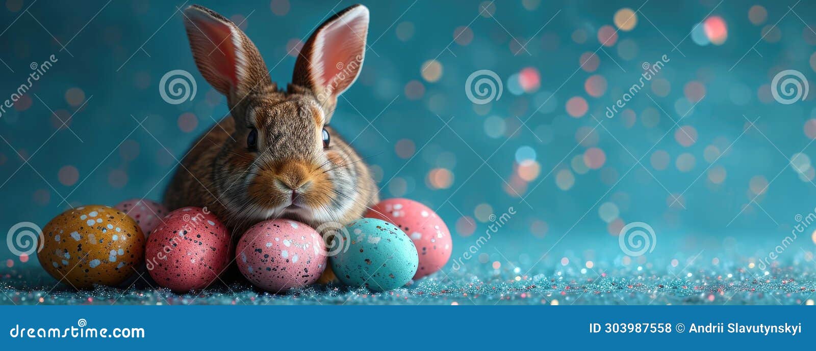 The Easter Bunny Sits Against the Background of a Blue Wall with Easter ...