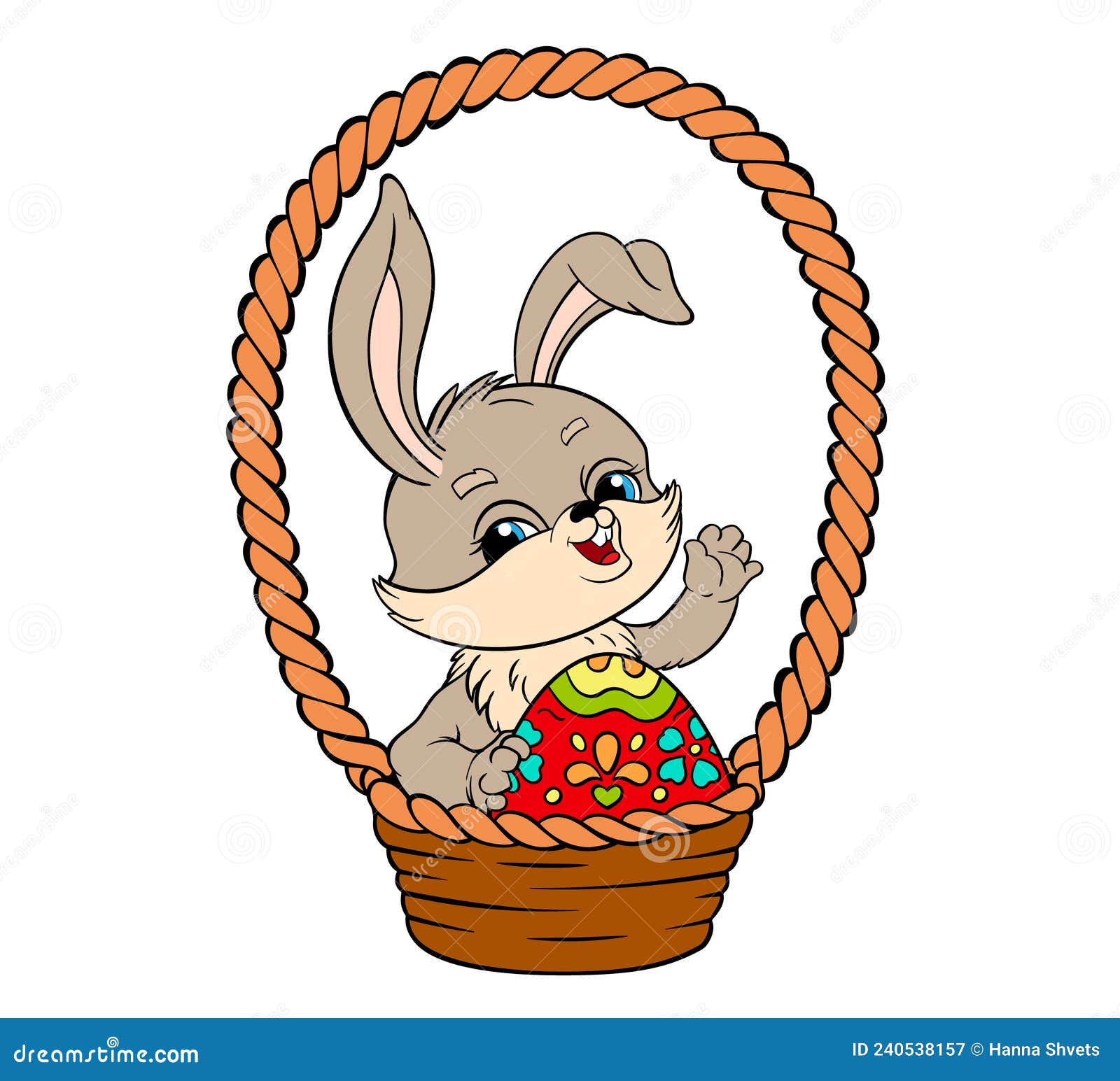 Easter Bunny Sits in a Basket and Holds a Painted Egg. Vector ...