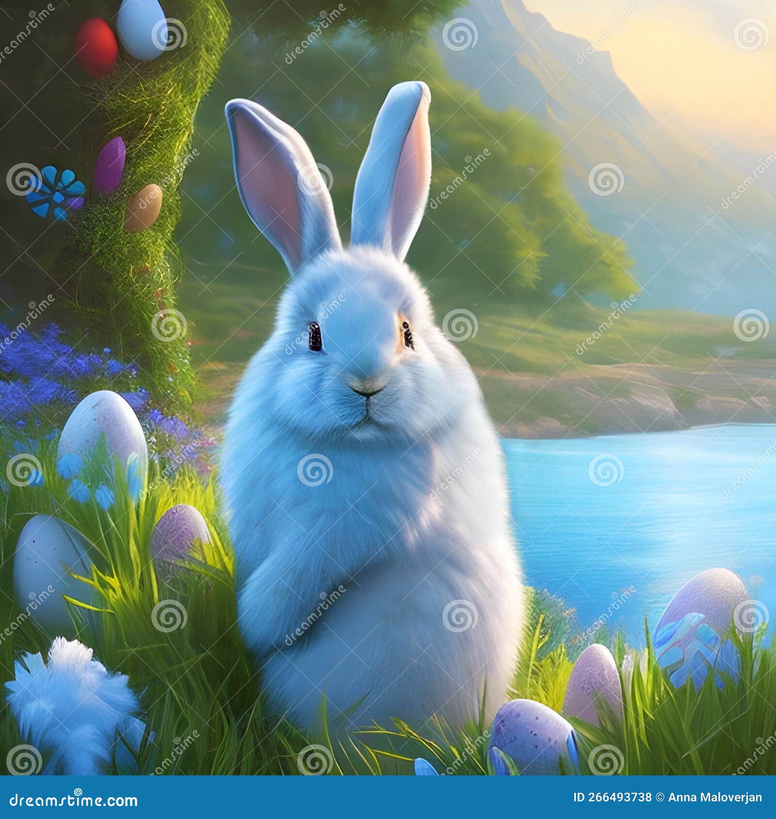 The Easter Bunny Sits in a Beautiful Fantasy Landscape with Eggs Stock ...