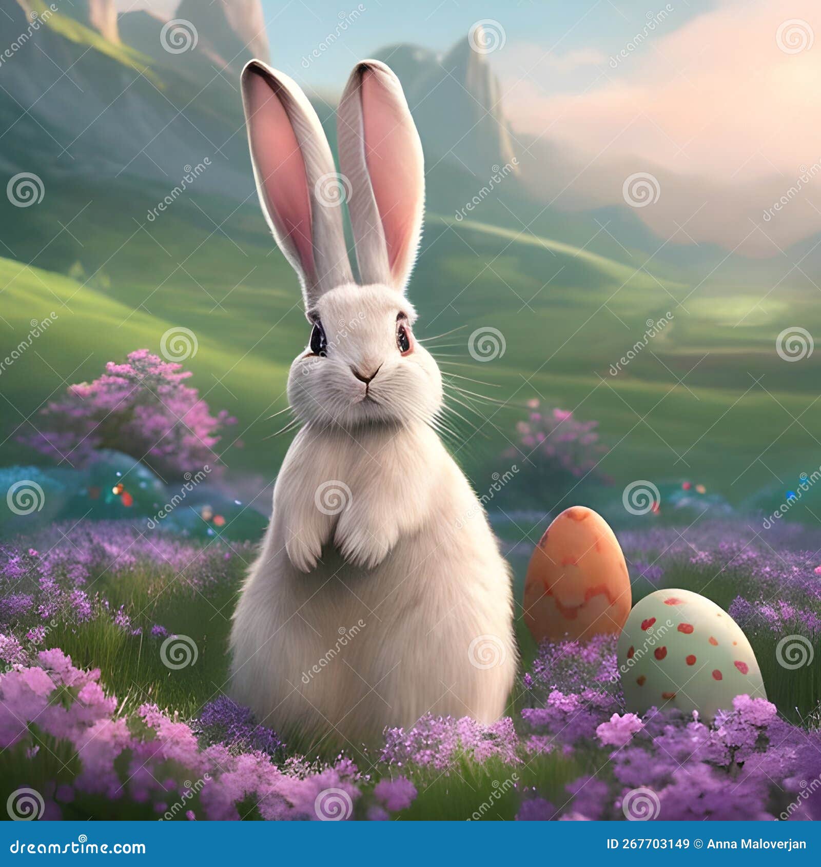 The Easter Bunny Sits in a Beautiful Fantasy Landscape with Eggs Stock ...