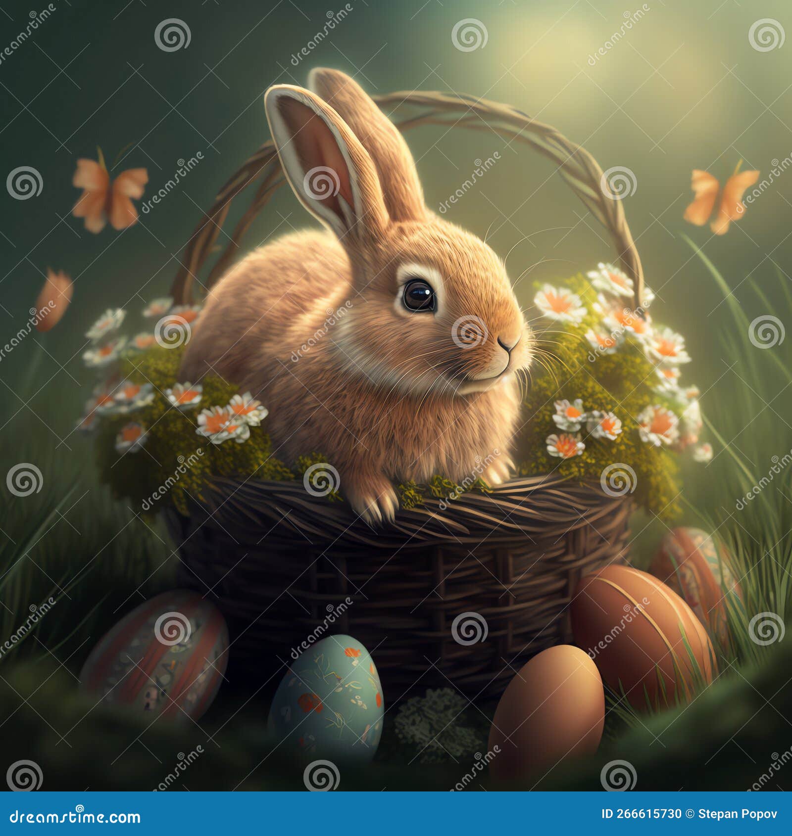 An Easter Bunny Sitting in a Basket of Easter Eggs Outdoors. Created ...