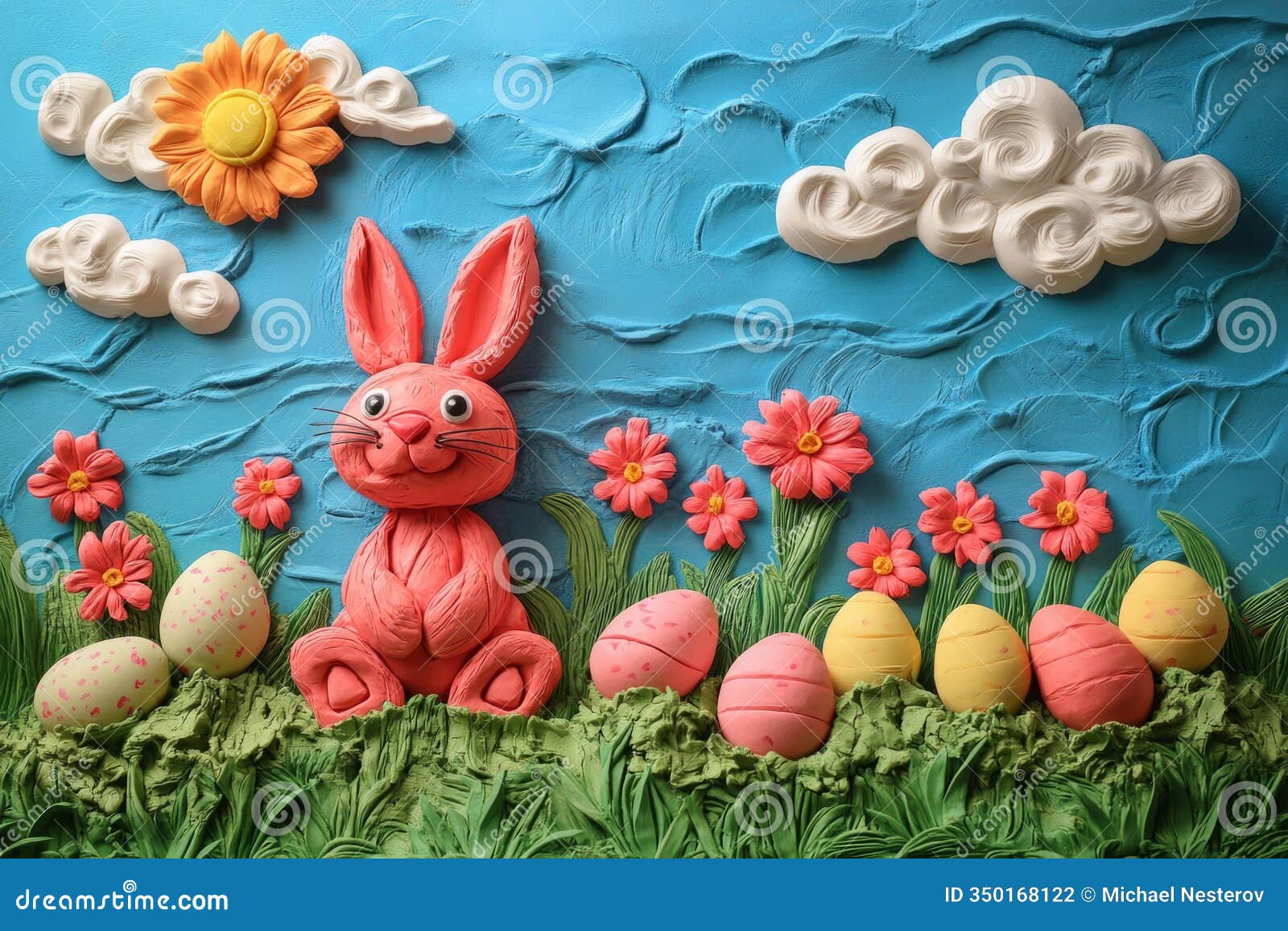 Easter Bunny Sitting in Blooming Meadow with Colorful Eggs and Sun ...