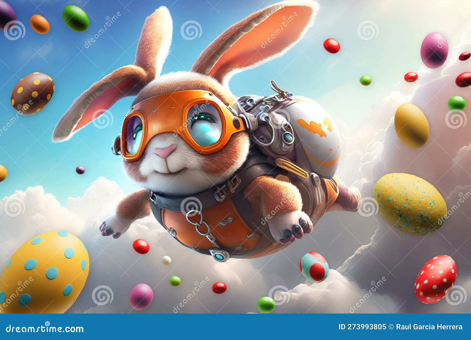Easter Bunny Skydiving and Easter Eggs Falling through the Air . Funny Easter Holidays Stock ...
