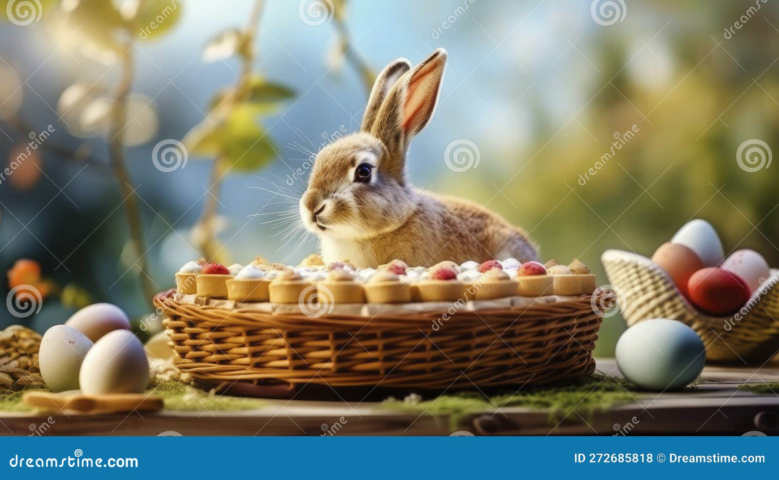 Easter Bunny on Spring Background, Easter Painted Eggs, Religion and ...